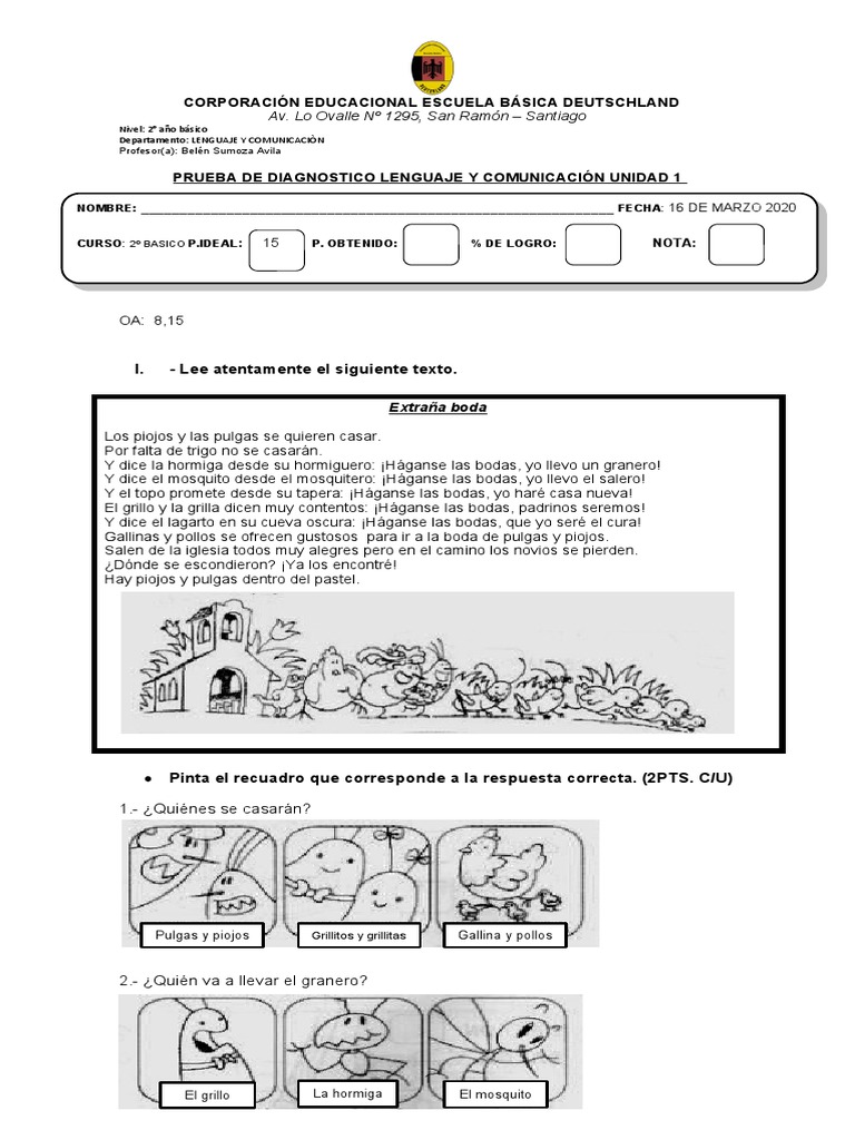 Prueba de Diagnostico Lenguaje y Comunicación Unidad 1 2do Sin ...