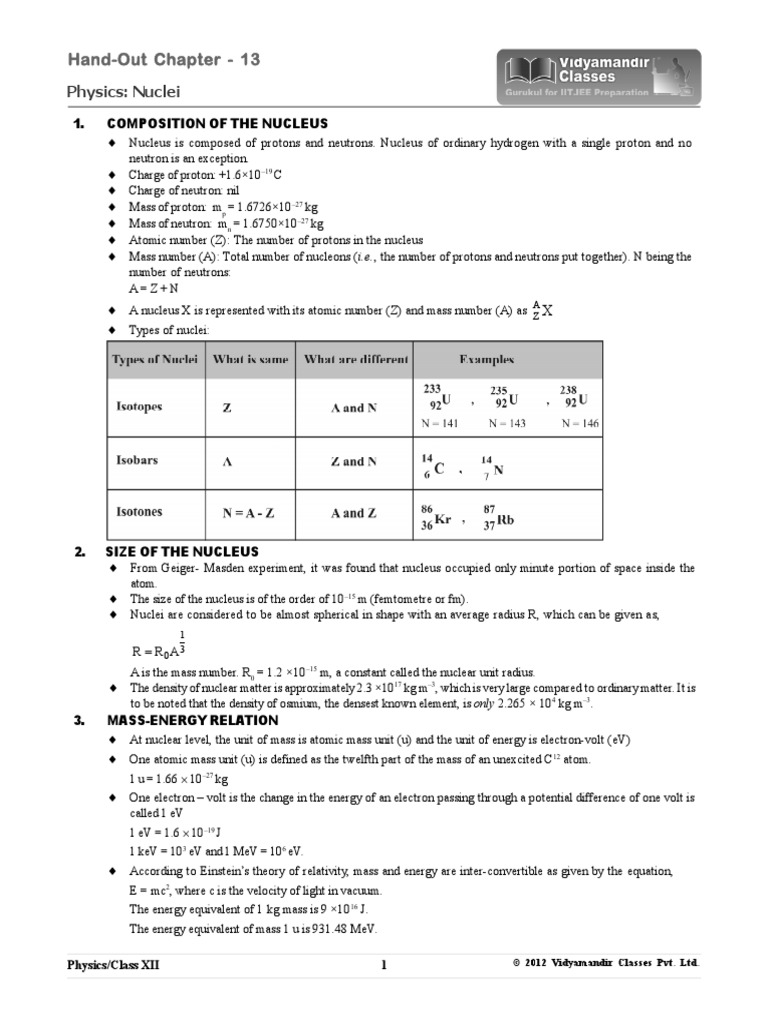 IIT JEE 2013-Physics-Handout-Chapter 13-Nuclei PDF | PDF | Radioactive Decay | Atomic Nucleus