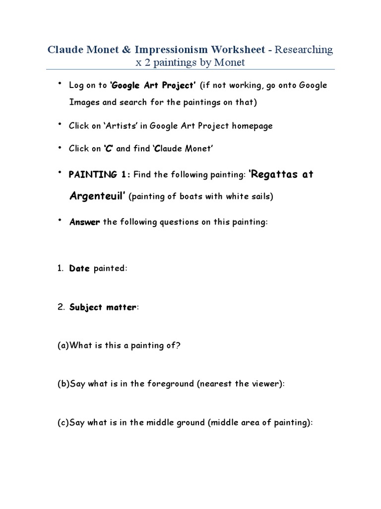 Exercise 2 Claude Monet - Google Art Project Worksheet Ms Brennan | PDF ...