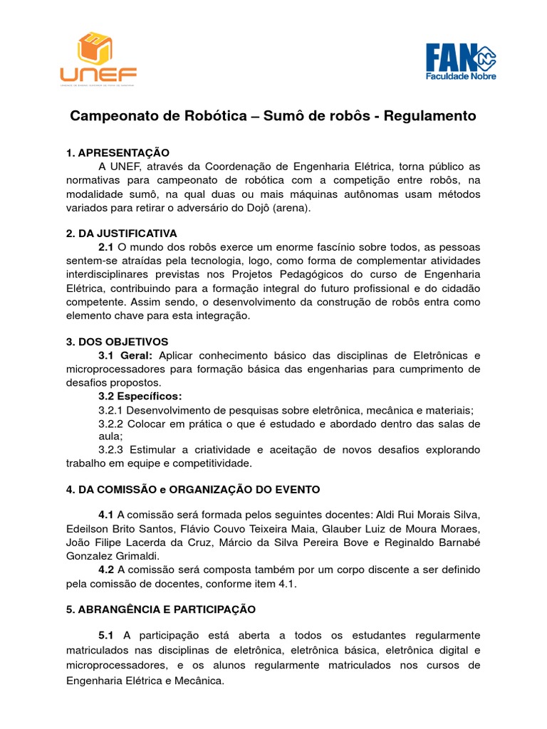 Regulamento Robô Sumô PDF | PDF | Robô | Robótica