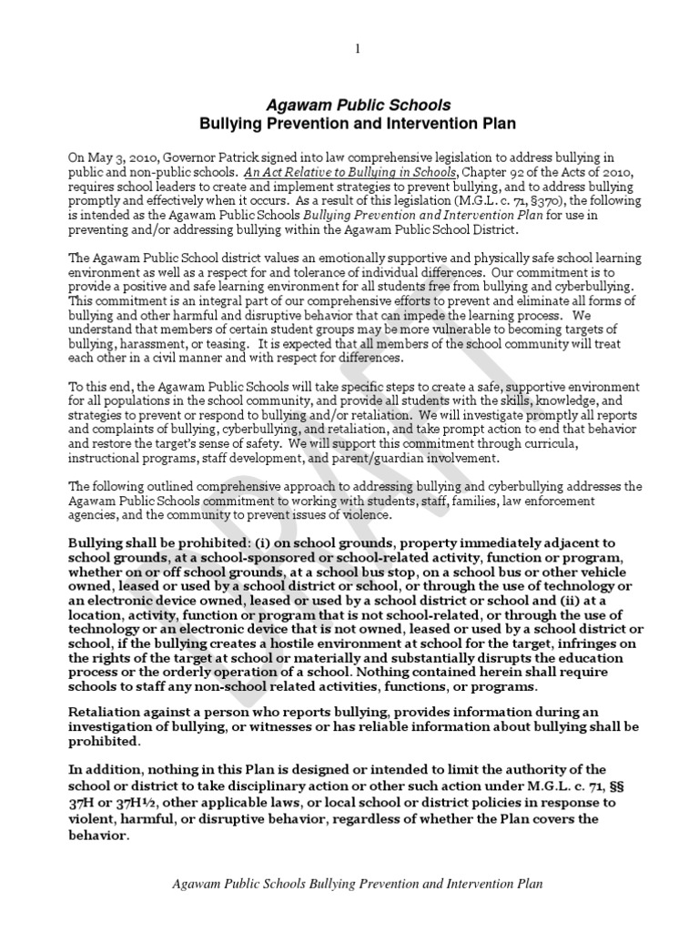 Agawam Public Schools Bullying Prevention and Intervention Plan (Public ...