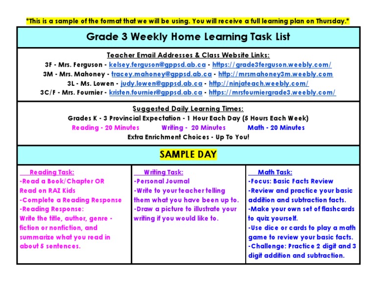 Sample - Grade 3 Weekly Home Learning Task List 2 | PDF