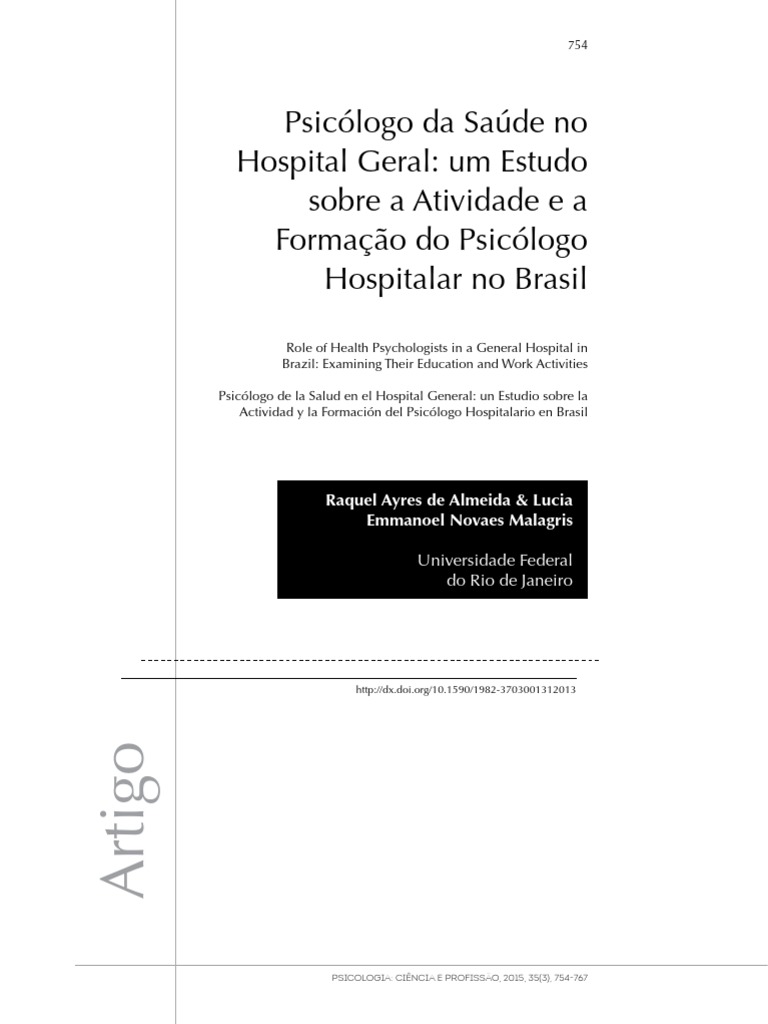 Psicólogo Da Saúde No Hospital Geral Um Estudo Sobre A Atividade e A ...