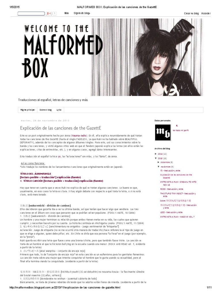 MALFORMED BOX - Explicación de Las Canciones de The GazettE PDF | PDF