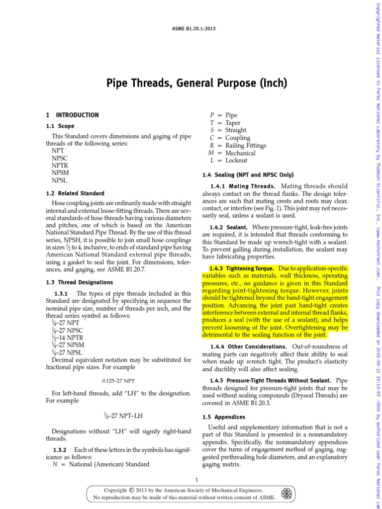 ASME B.1.20.1 Pipe Threads, General Purpose ROSCA PDF | PDF | Pipe ...