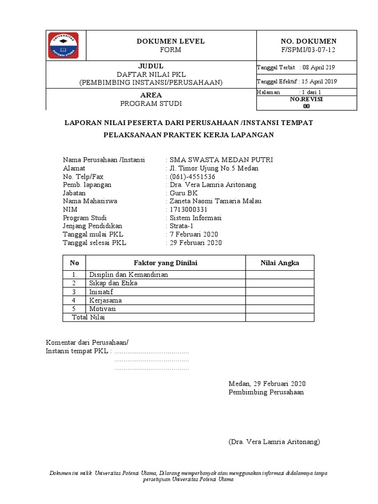 Daftar Nilai PKL Dari Perusahaan | PDF