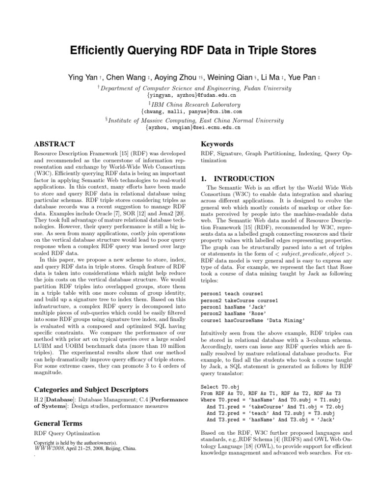 Efficiently Querying Rdf Data In Triple Stores Ying Yan Chen Wang Aoying Zhou Weining Qian