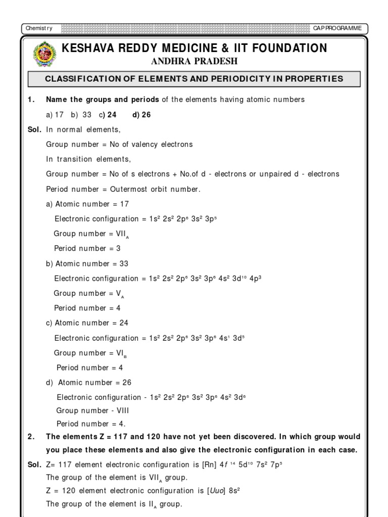 Classification of Elements and Periodicity in Properties Worksheet ...