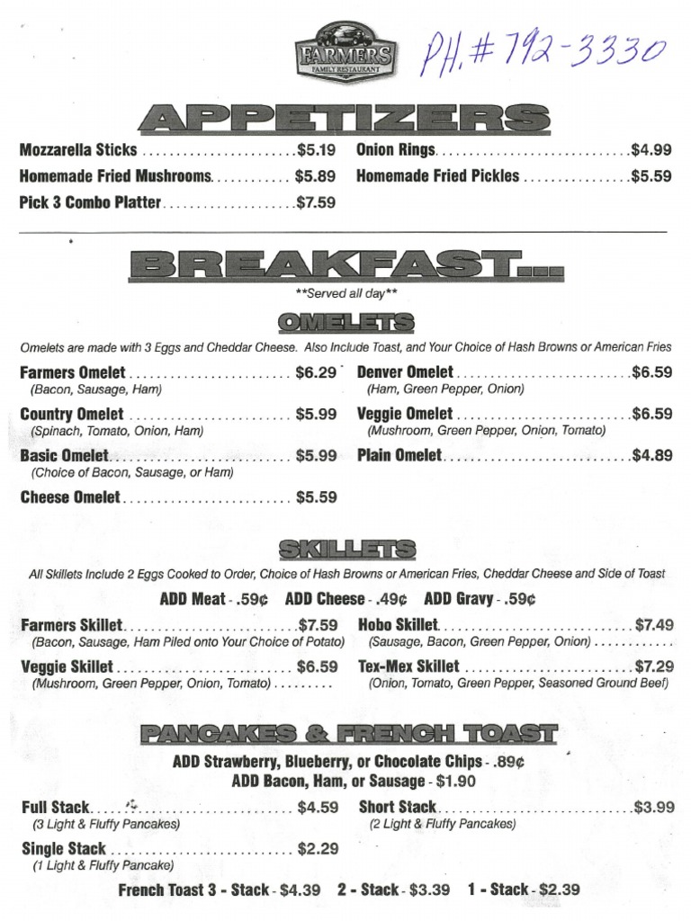 Farmers Family Restaurant Menu | PDF