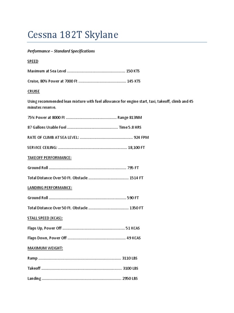 Cessna 182T Skylane Performance and Specifications | PDF | Flap ...