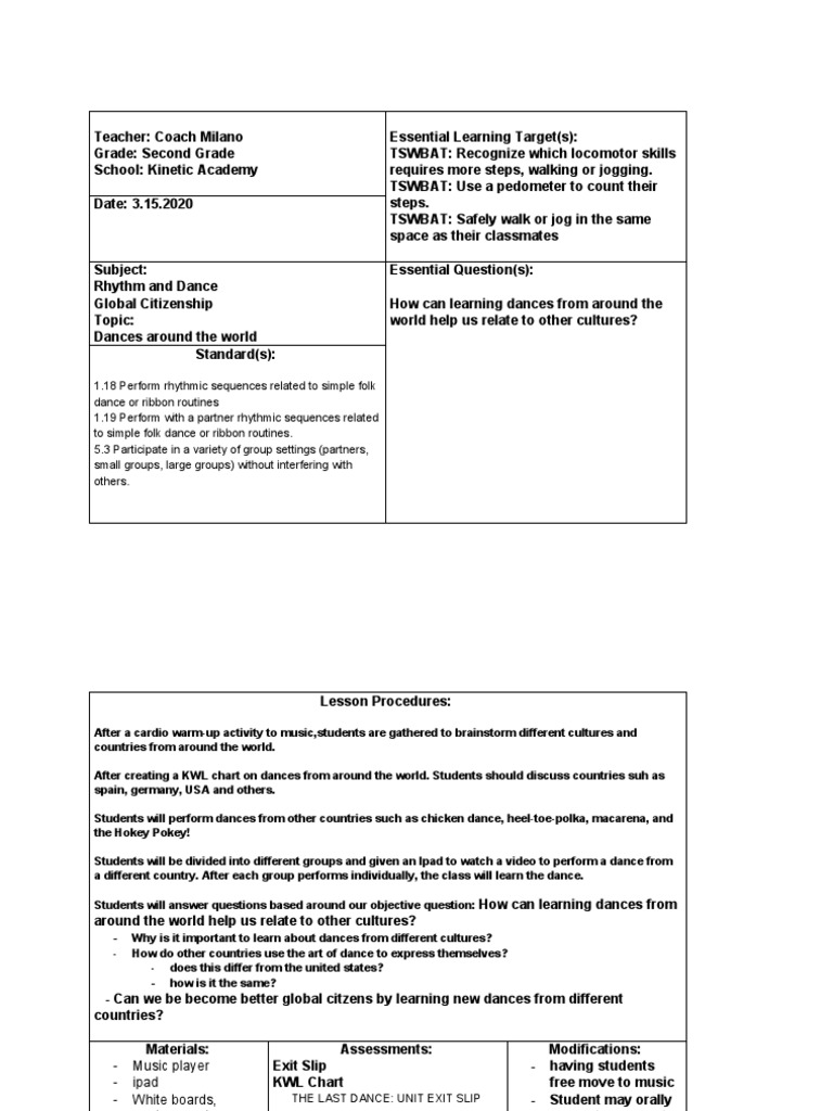 Global Dance Lessons for Second Graders | PDF | Dances | Pedagogy