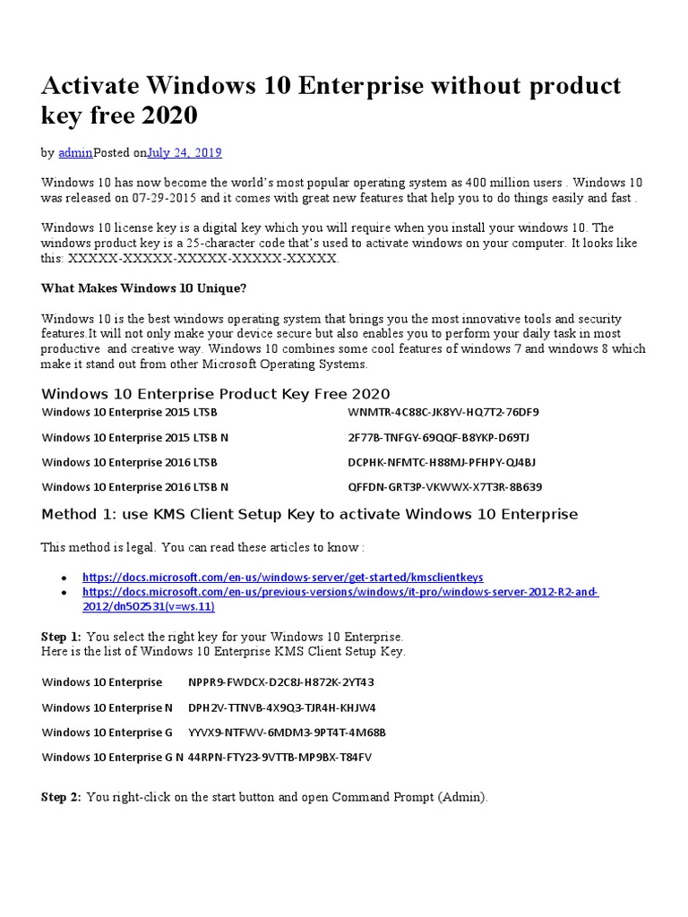Activate Windows 10 Enterprise Without Product Key Free 2020 | PDF ...