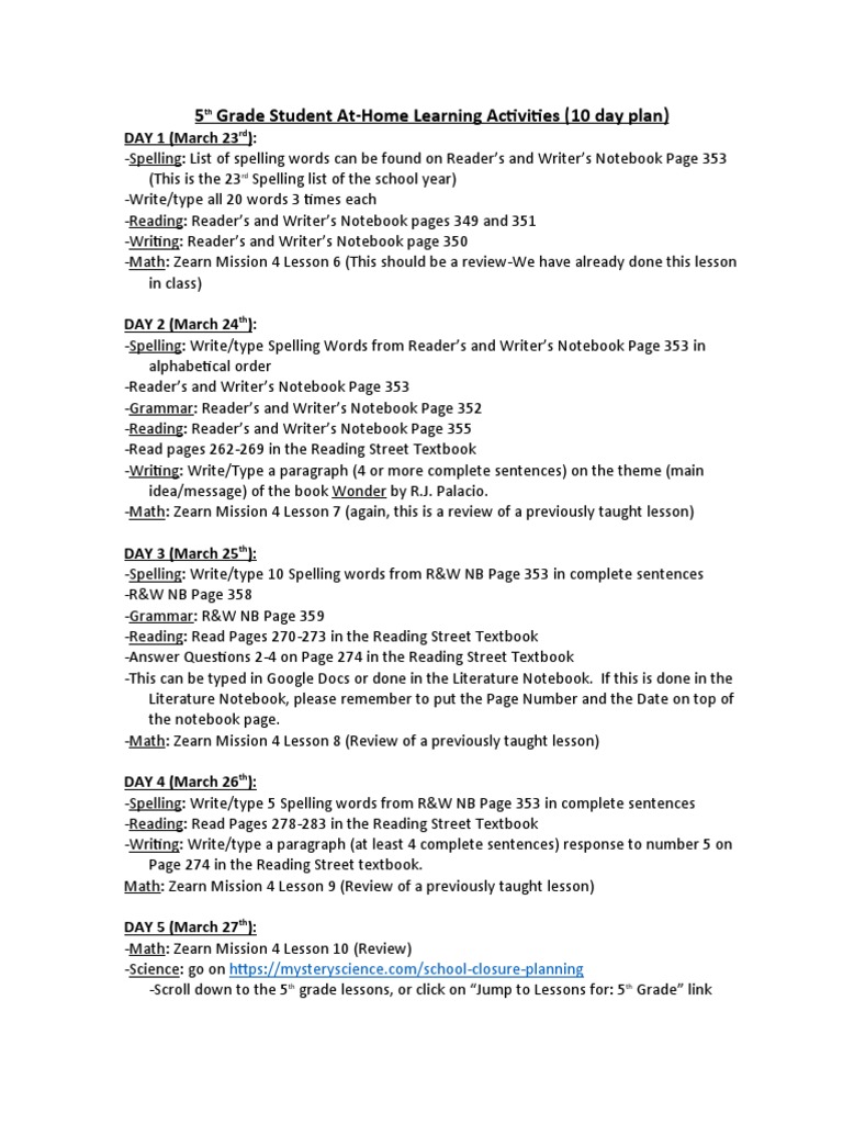 5th Grade 10 Day Work From Home Plan 1 | PDF | Writers | Notebook