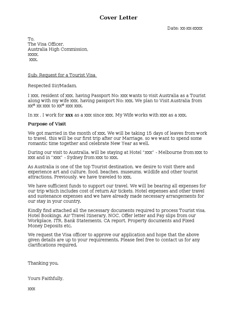 Australia Tourist Visa Cover Letter Sample | PDF