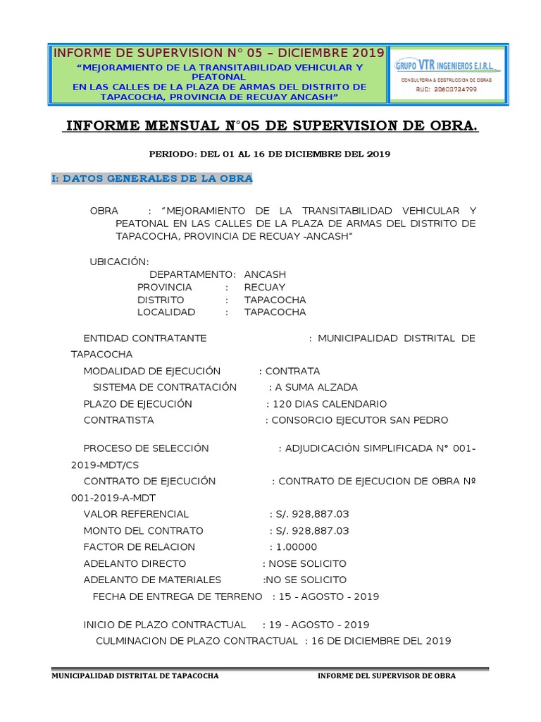 INFORME DE SUPERVISION DE OBRA | Hormigón | Ingeniero civil
