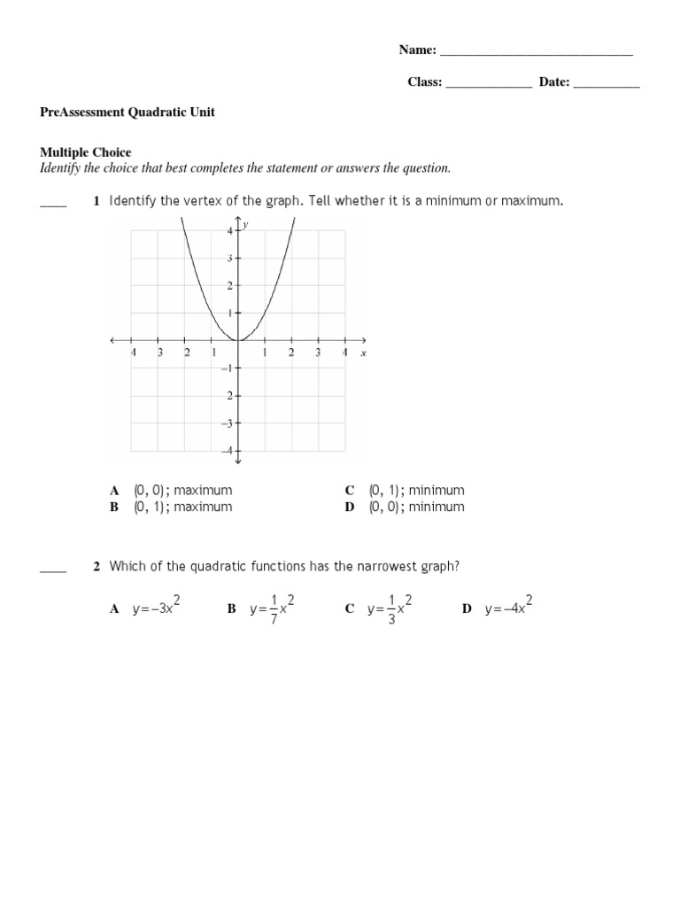Paper PreAssessment Quadratic Unit Multiple Choice PDF | PDF ...