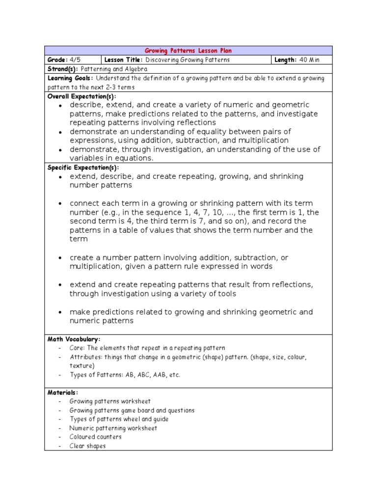 Grade4-5 - Growing Patterns Lesson | PDF | Numbers | Worksheet