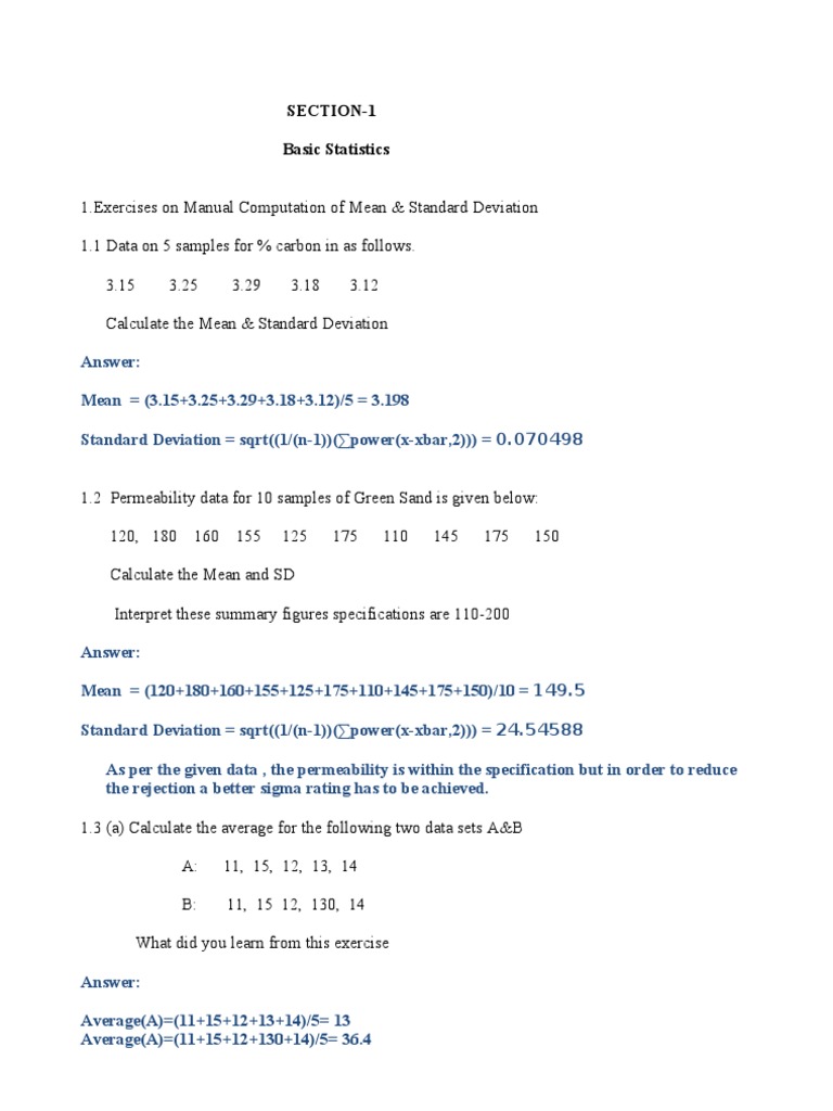 Statistics Exercises: Mean & SD Calculations | PDF | Standard Deviation ...