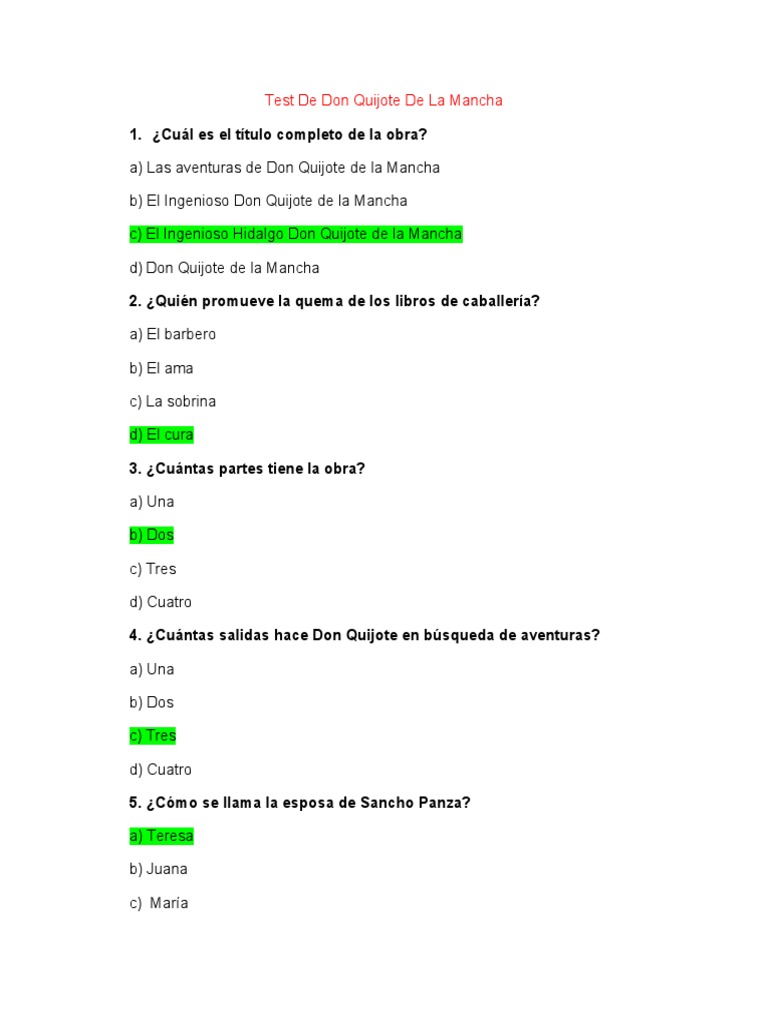Test de Don Quijote de la Mancha | PDF