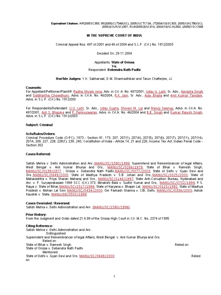 ST of Orissa V Debendra Nath Padhi-2005 1 SCC 568 | PDF | Magistrate ...