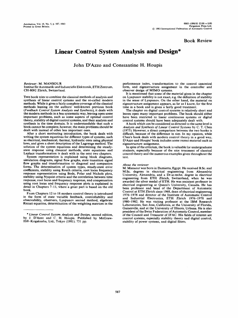 Linear Control System Analysis and Design | PDF | Control Theory | Stability Theory