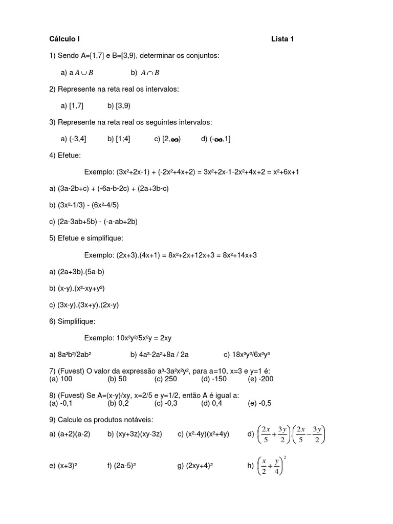 Exercícios de Cálculo I e Álgebra | PDF | Equações | Função (Matemática)
