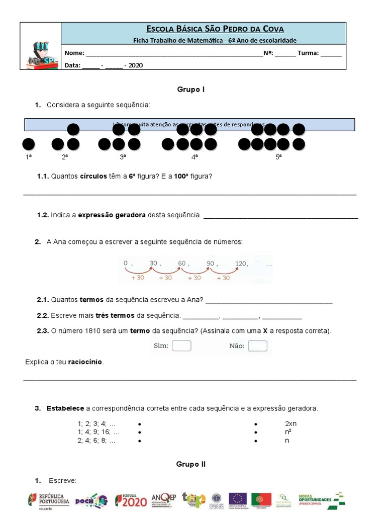 Ficha de Trabalho 6º Ano - Sequências e Pro Porcionalidade | PDF | Ensino de Matemática
