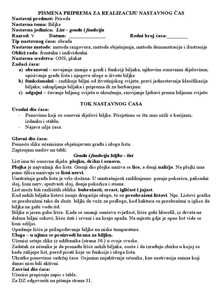 Građa I Funkcija Biljke - List | PDF