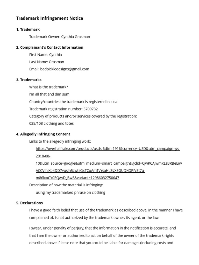 Trademark Infringement Notice by Grasman | PDF | Business
