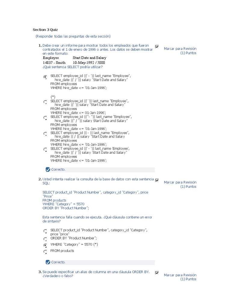 Section 3 Quiz | PDF | SQL | Bases de datos