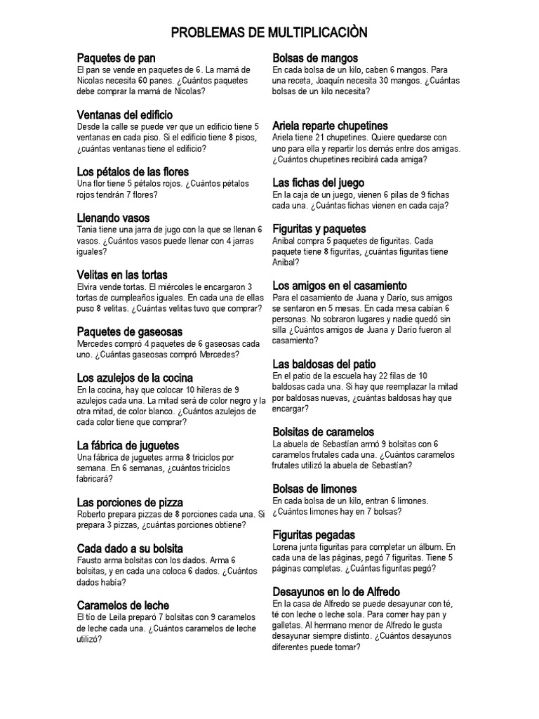 Problemas de Multiplicación para Niños | PDF | Cocinando | Cocina ...