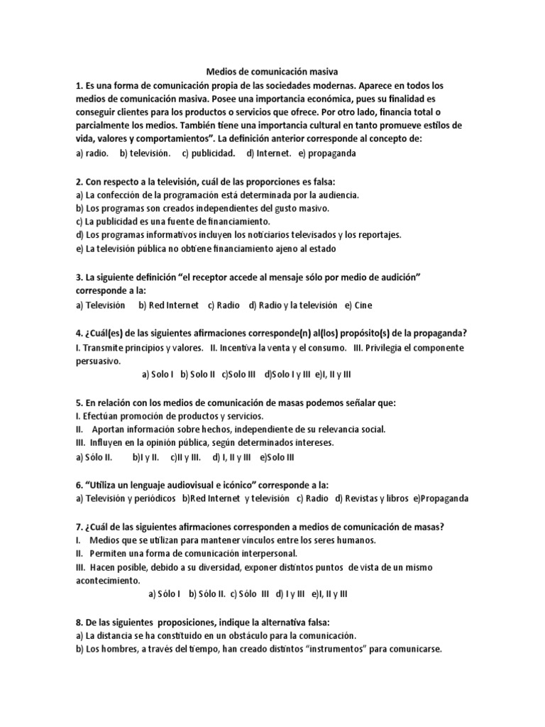 Prueba Medios de Comunicación Masiva | PDF | Medios de comunicación en ...