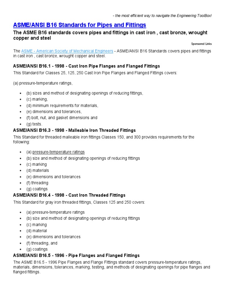 ASME B16 Standards For Pipes and Fittings | PDF | Pipe (Fluid ...