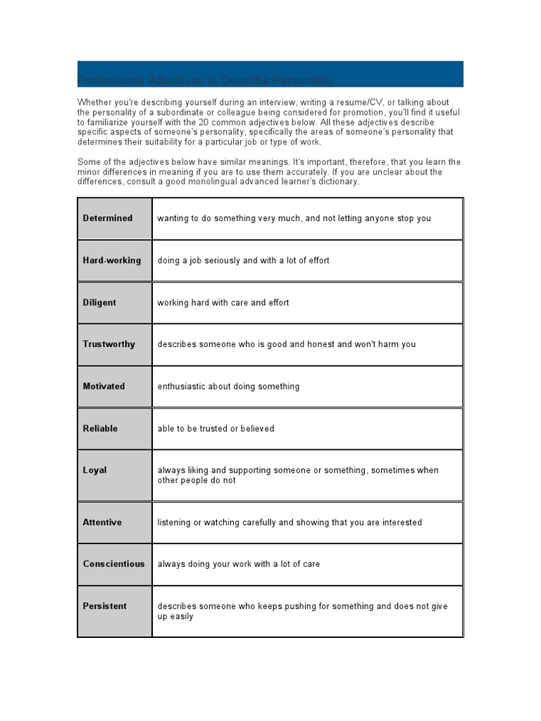 Professional Adjectives To Describe Personality | PDF | Applied ...