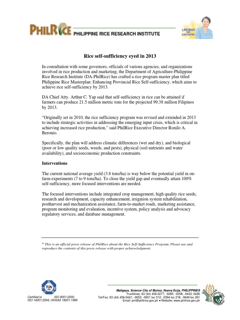 PhilRice - Rice Self Sufficiency | PDF | Rice | Natural Environment