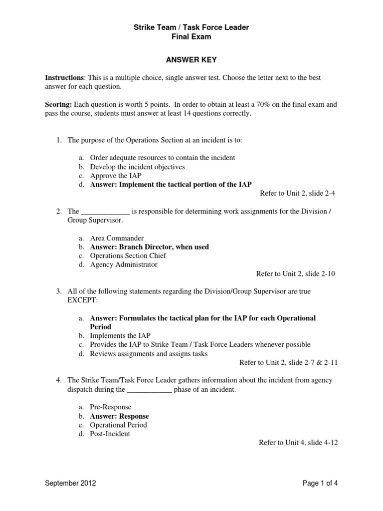 16 TFL-STL Finalexamanswerkeyc | PDF | Incident Command System | Test ...