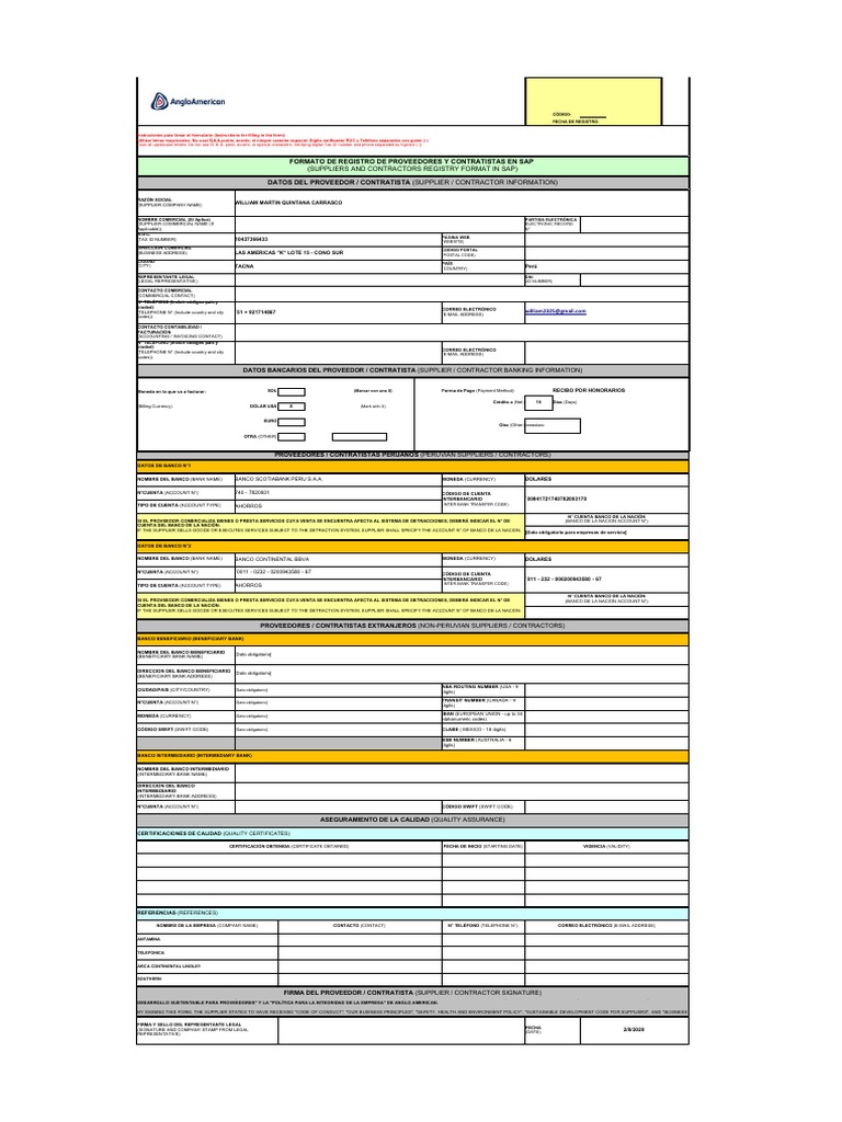 Formato Registro de Proveedores y Contratistas AA SAP AOP v1 | PDF | Bancos | Inversores ...
