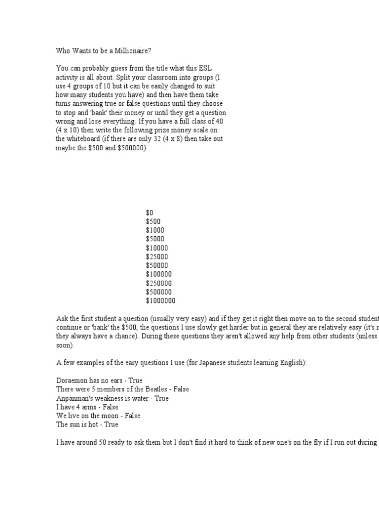 Who Wants To Be A Millionaire | PDF | English As A Second Or Foreign ...