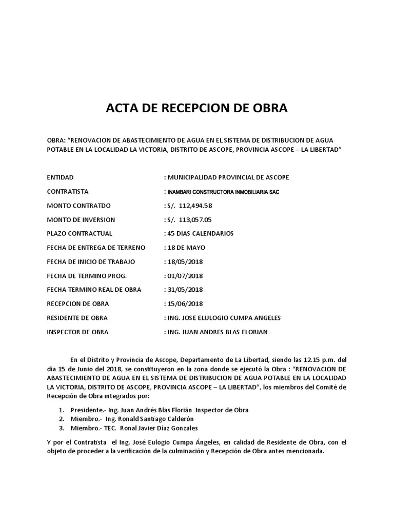 Acta de Recepcion de Obra | PDF