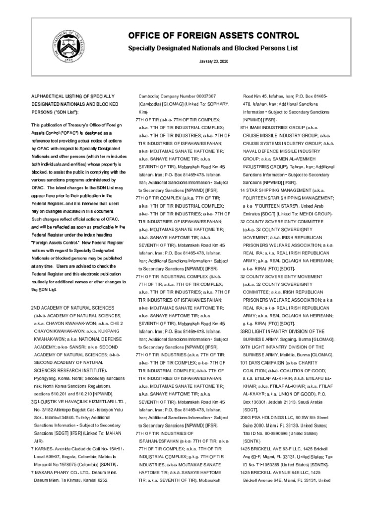 OFAC SDN List - January 2020 | PDF | Office Of Foreign Assets Control ...