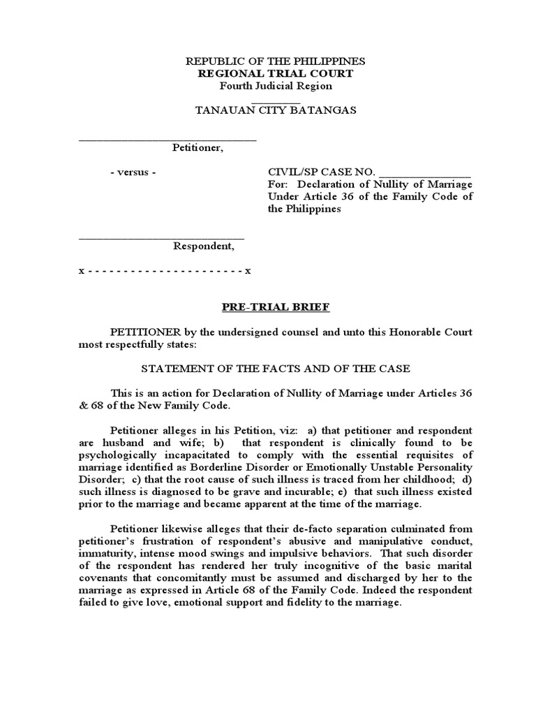 Pre Trial Brief | PDF | Marriage | Social Institutions