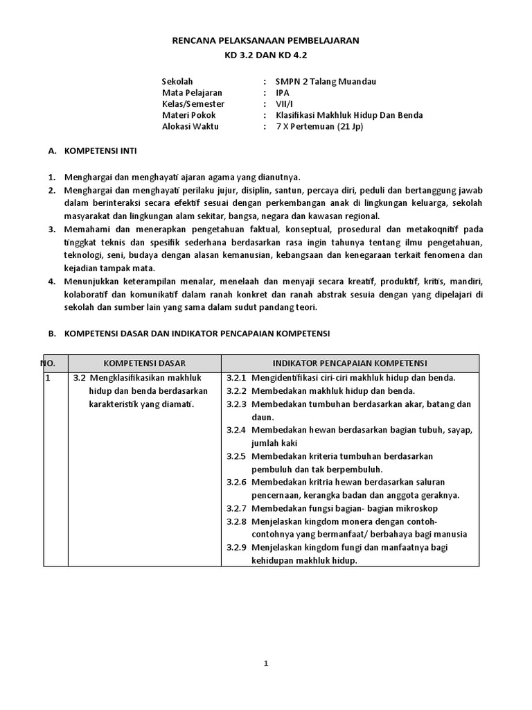 KD 3.2 Klasifikasi Makhlukh Hidup Dan Tak Hidup (7 PT) RPP (Oke) | PDF | Kajian Bahasa Asing ...