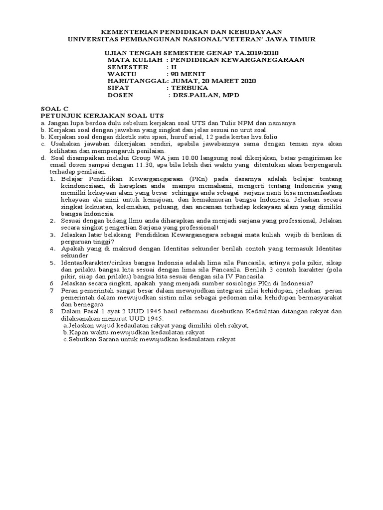 Soal UTS Pendidikan Kewarganegaraan | PDF | Ilmu Sosial