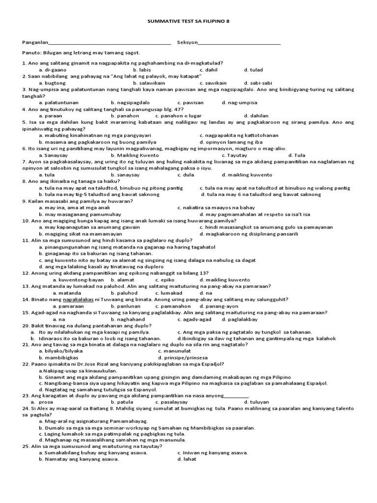 Dokumen - Tips - Summative Test Sa Filipino 8 | PDF