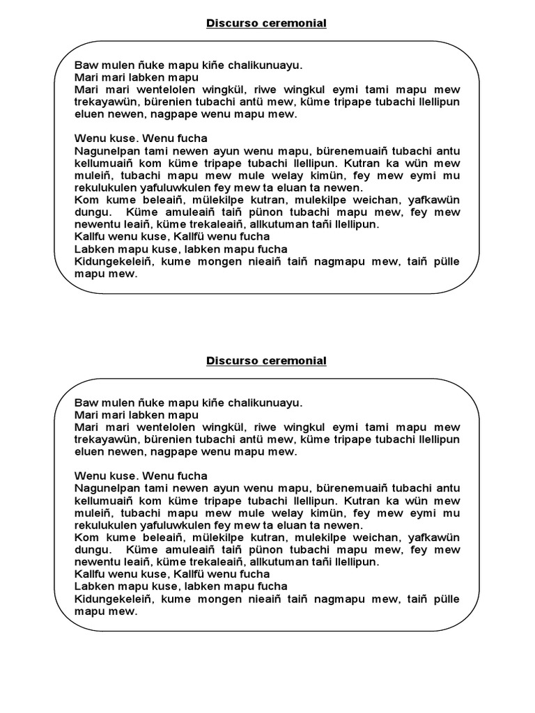 Discurso Ceremonial en Mapudungun. | PDF