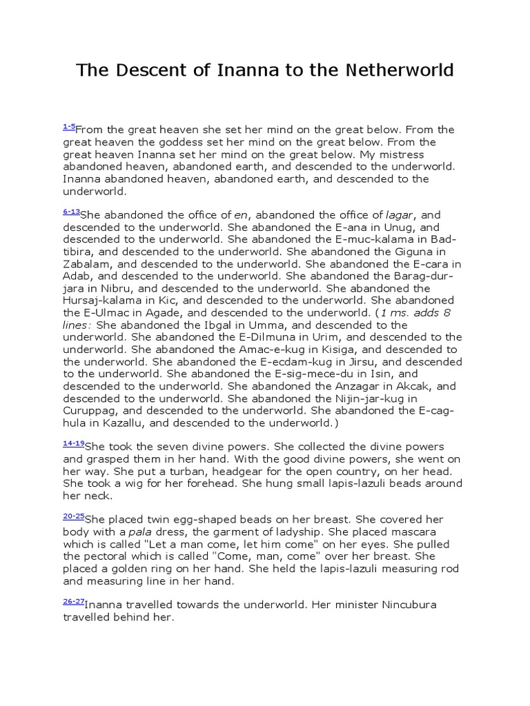 The Descent of Inanna To The Netherworld (English Translation) | PDF ...