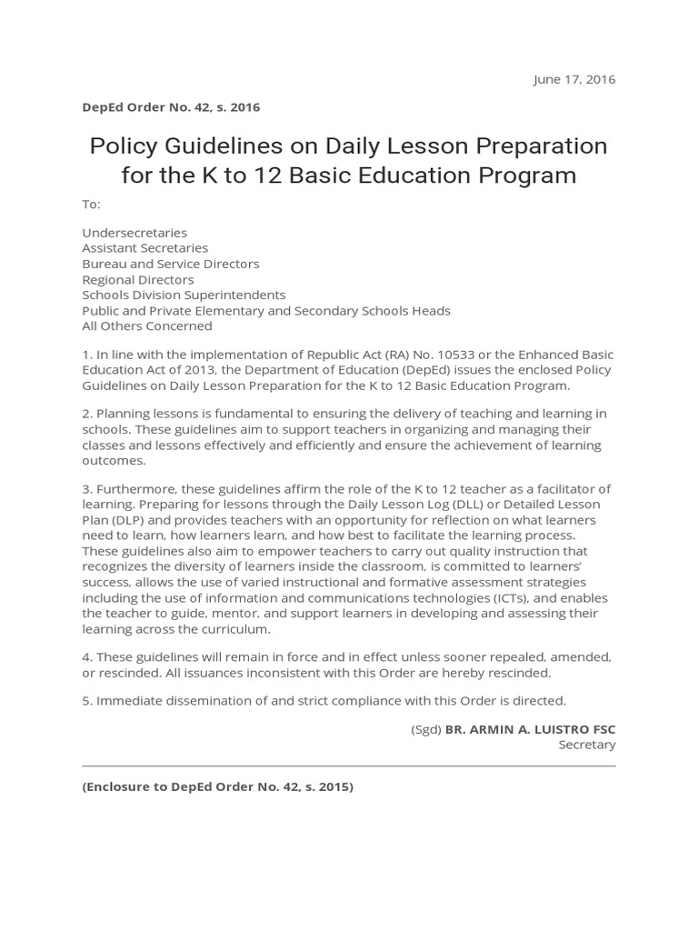 Deped Order No. 42 S. 2016 | PDF | Lesson Plan | Educational Assessment