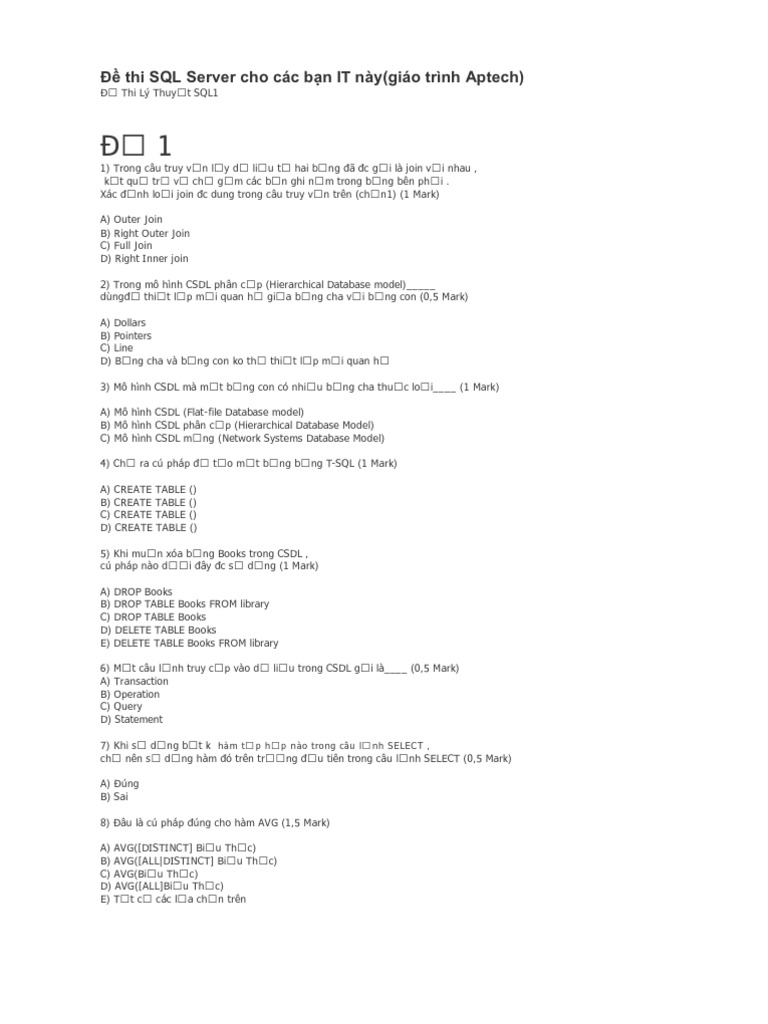 Đề thi SQL Server cho các bạn IT này | PDF