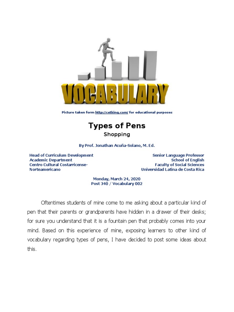 Post 340 - Vocabulary Series - Types of Pens | PDF | Pen | Vocabulary