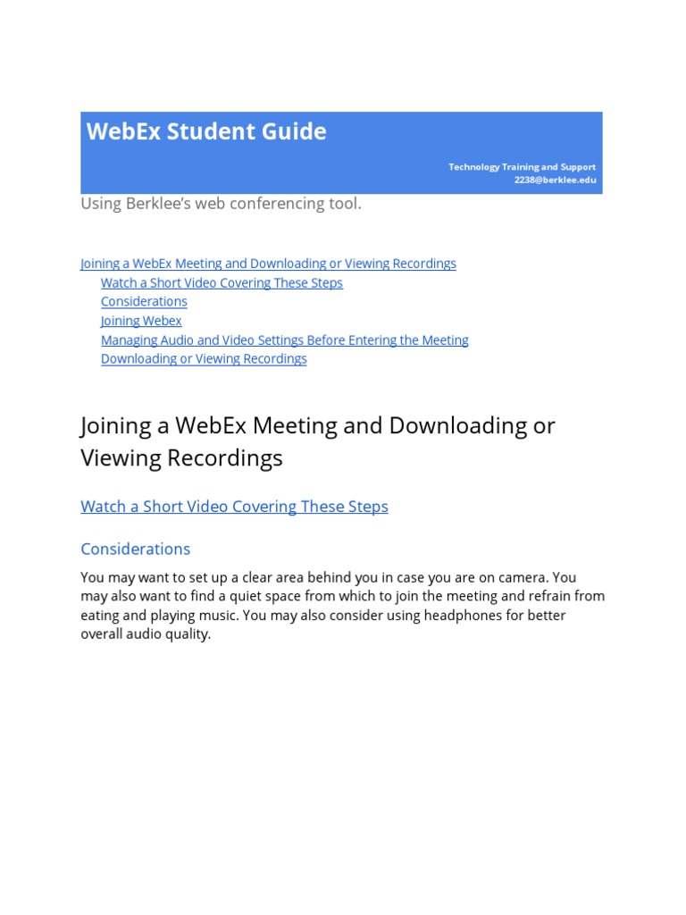 Guidance on joining WebEx meetings, adjusting audio and video settings ...